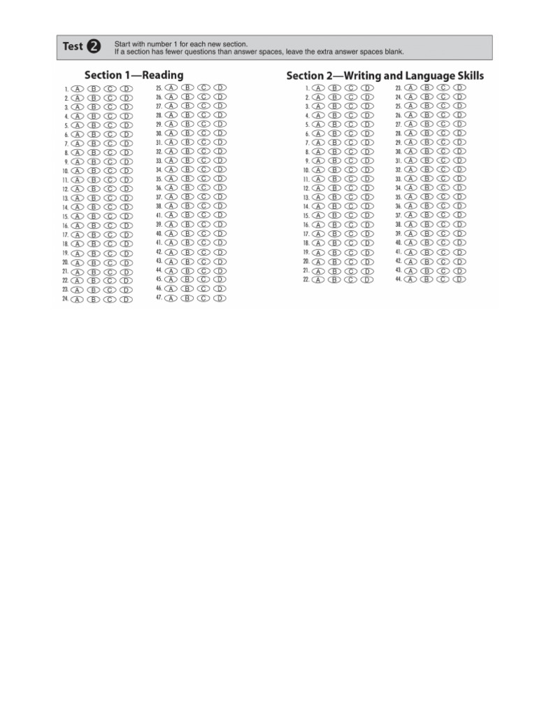 Student Answer Sheet - Reading & Writing Test 2 | PDF