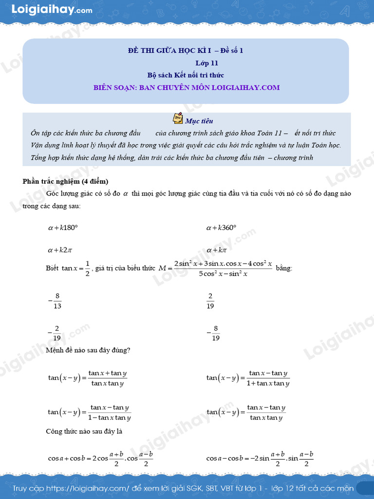 De Thi Giua Ki 1 Toan 11 Ket Noi Tri Thuc de So 1 1696305320 | PDF