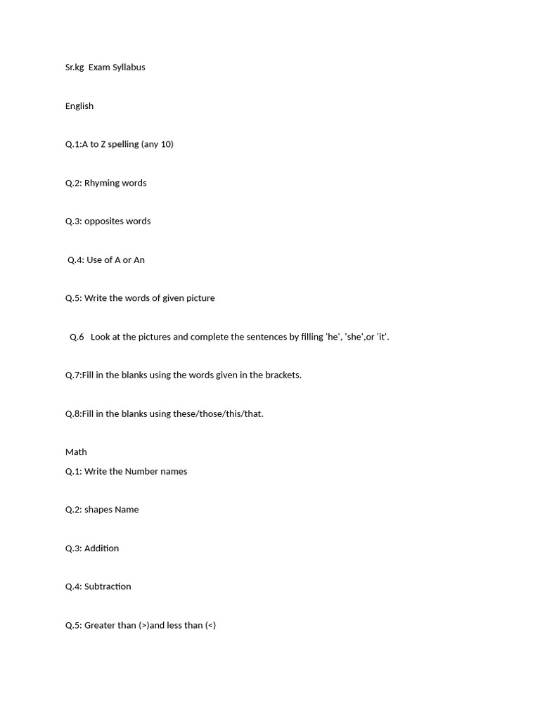 Sr. Kg. Syllabus | PDF