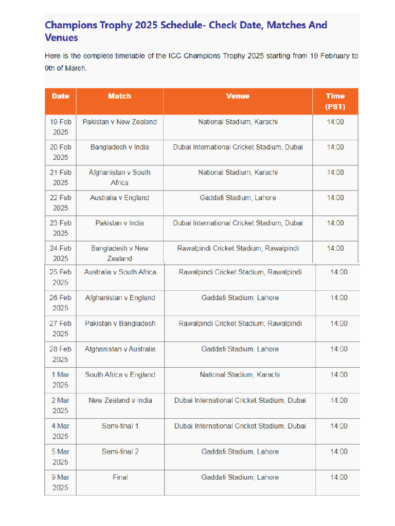 CHAMPIANS TROPHIES SCHEDULE FOR 2025 , VENUE , TIME DATE | PDF