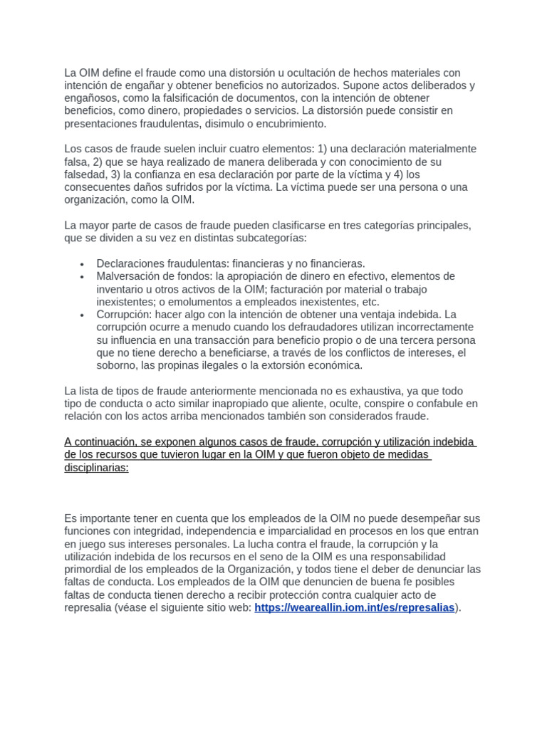 Definición y Tipos de Fraude en la OIM | PDF | Corrupción política | Fraude