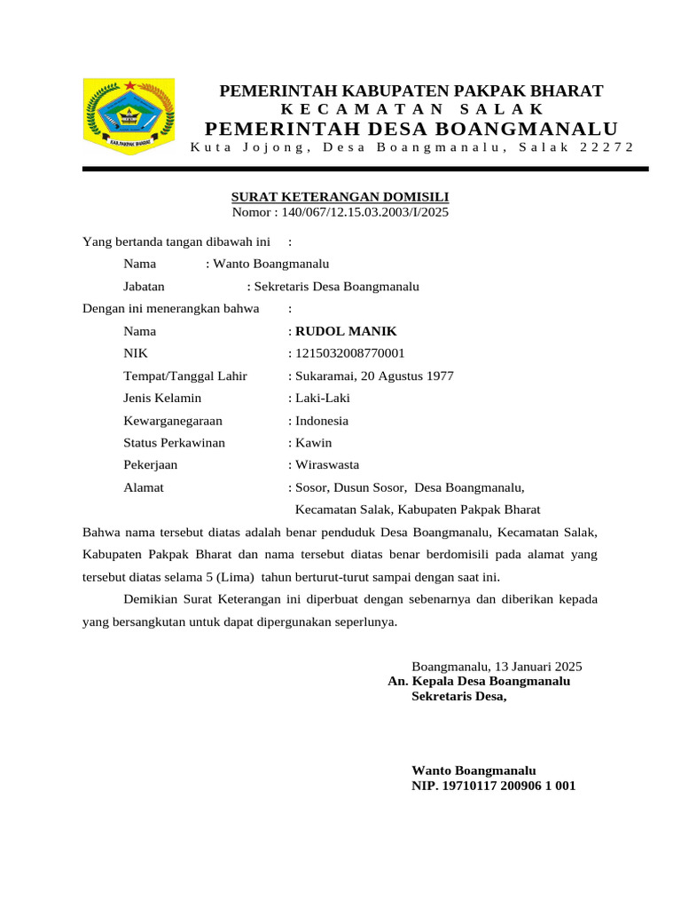 Surat Keterangan Domisili Warga Boangmanalu | PDF