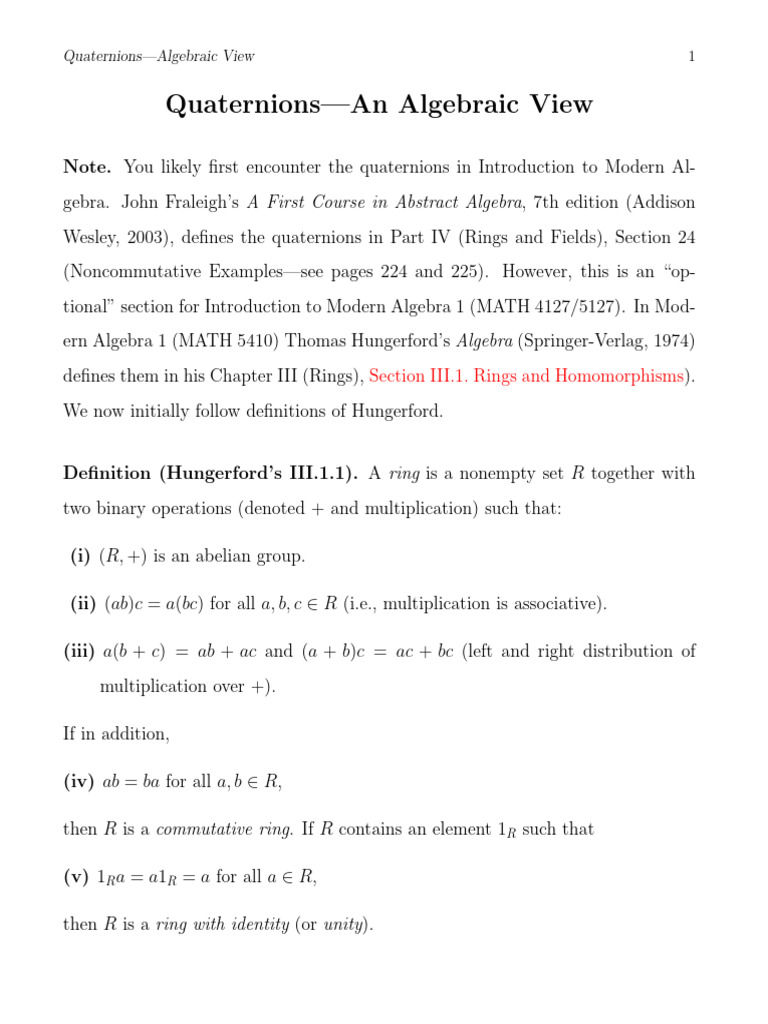 Quaternions Algebraic Supplement | PDF | Ring (Mathematics) | Polynomial