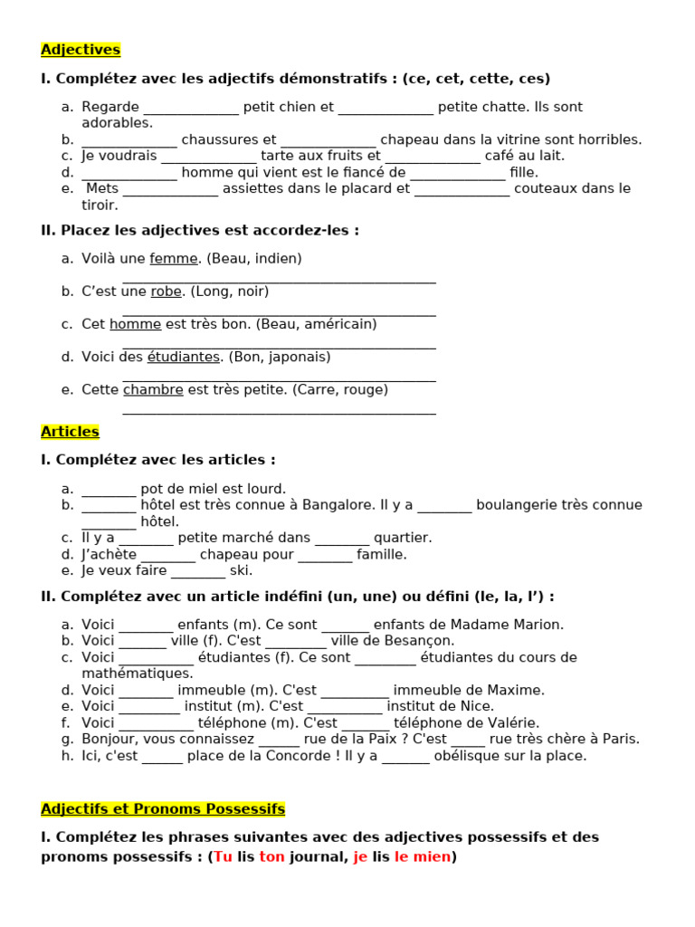 Exercices sur les adjectifs et articles | PDF | Linguistique