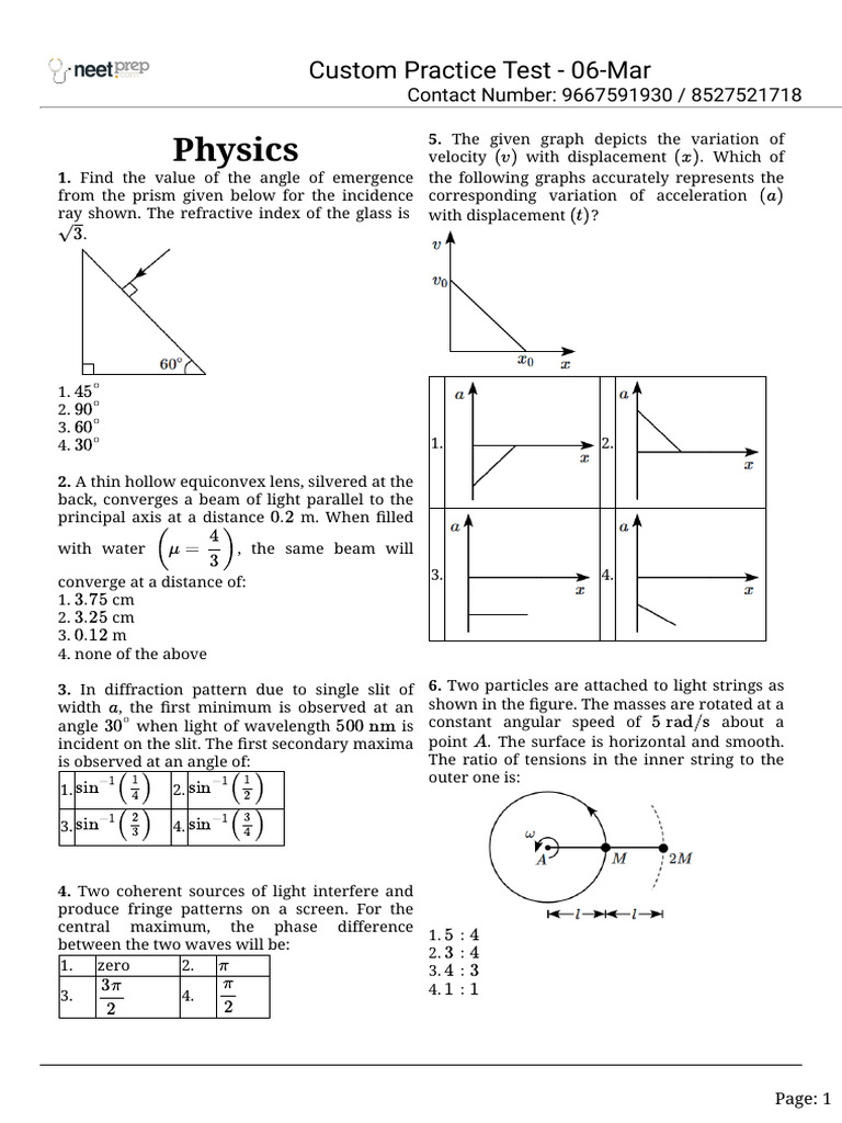 Custom Practice Test - 06-Mar | PDF | Diffraction | Applied And ...