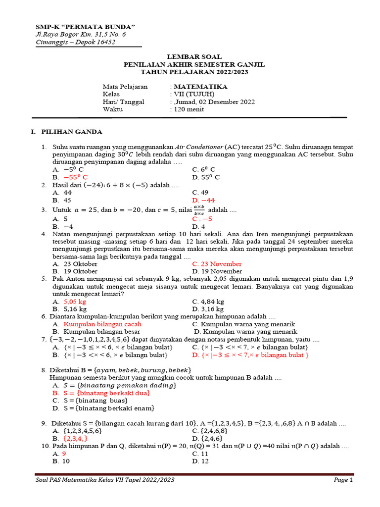Soal MTK Kelas 7 | PDF