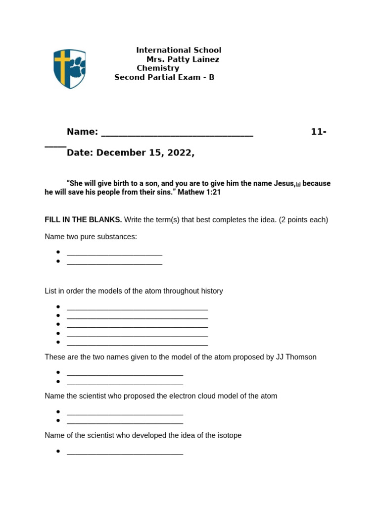 2Q Chem Final Exam TB | PDF | Atoms | Proton