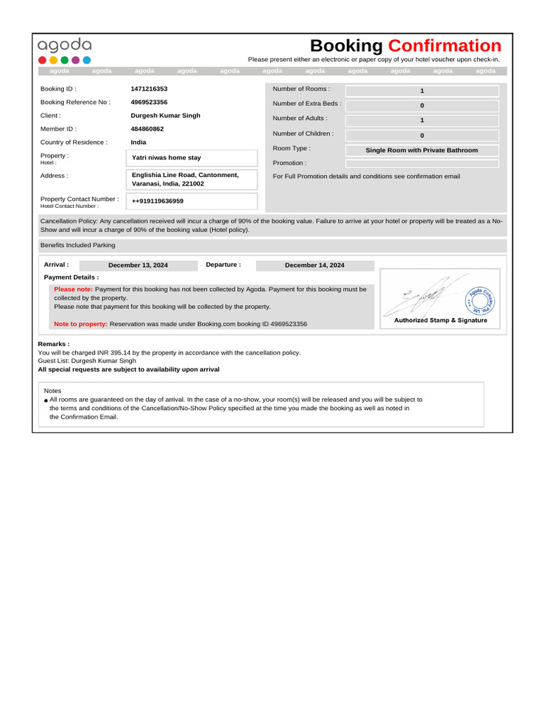 Agoda Booking Confirmation Details | PDF