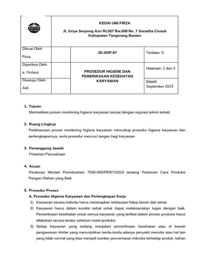 SOP-07-Prosedur Hygiene Dan Pemeriksaan Kesehatan Karyawan | PDF