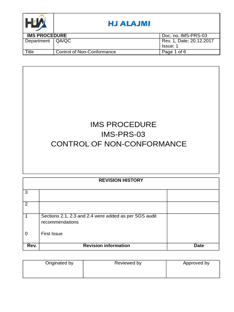 Control of Non-Conformance Procedure | PDF | Risk | Risk Assessment