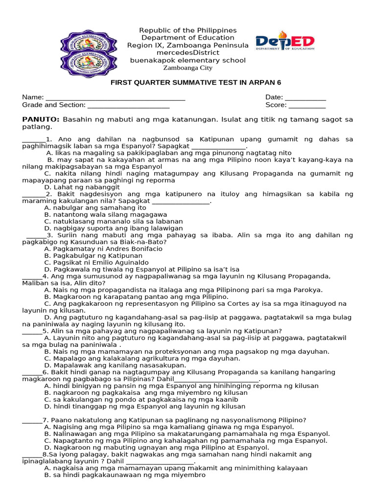 1Q Arpan Summative Test | PDF