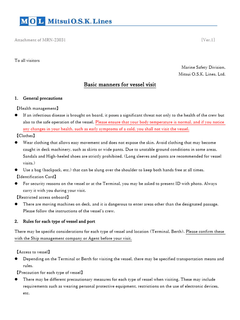 Basic Manners For Vessel Visit | PDF