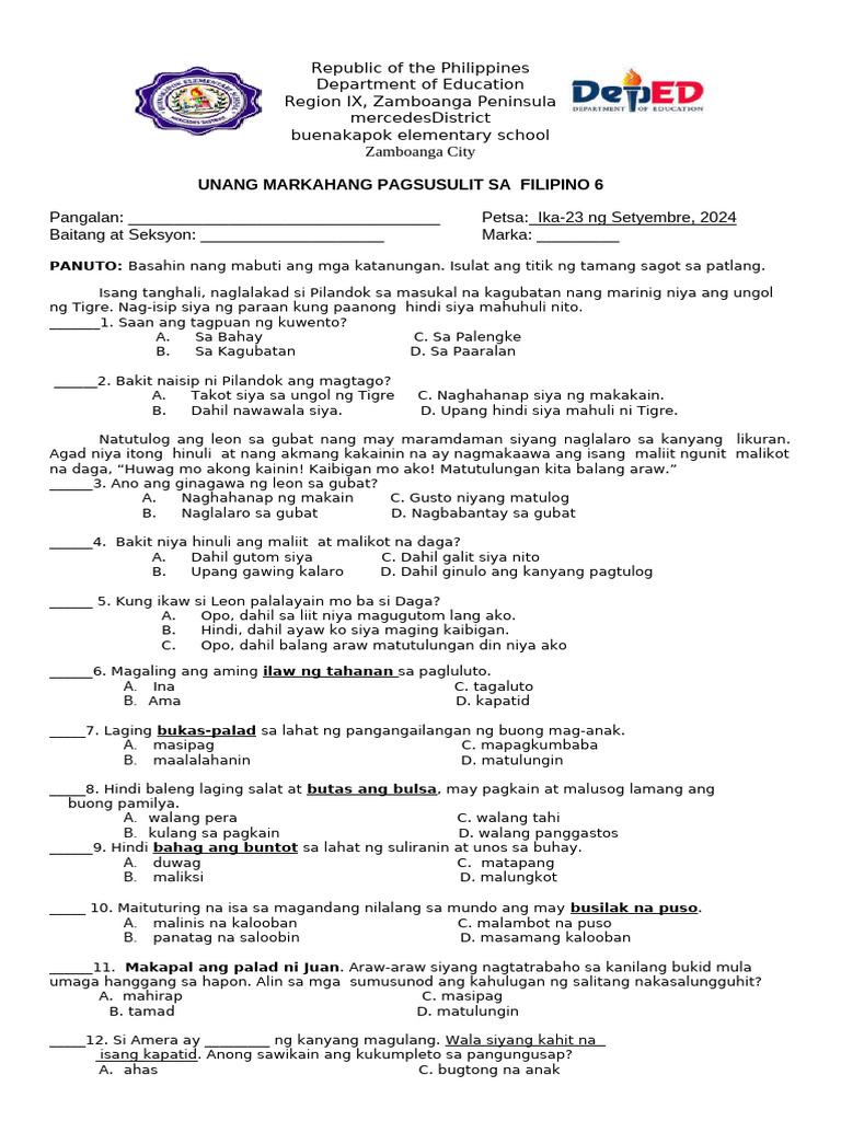 1Q Filipino Summative Test | PDF