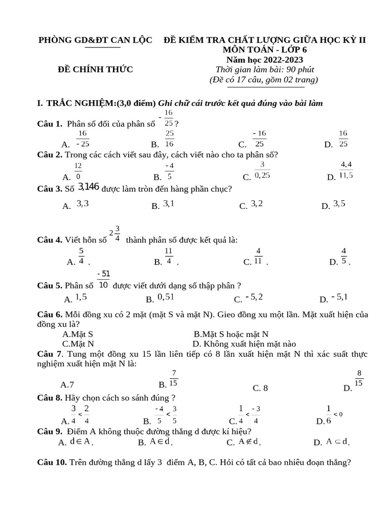 Đề và đáp án kiểm tra giữa HK II_Lớp 6_2022_2023_CT1 | PDF