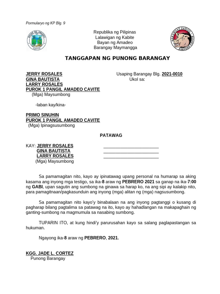 KP Form 9 - Patawag | PDF