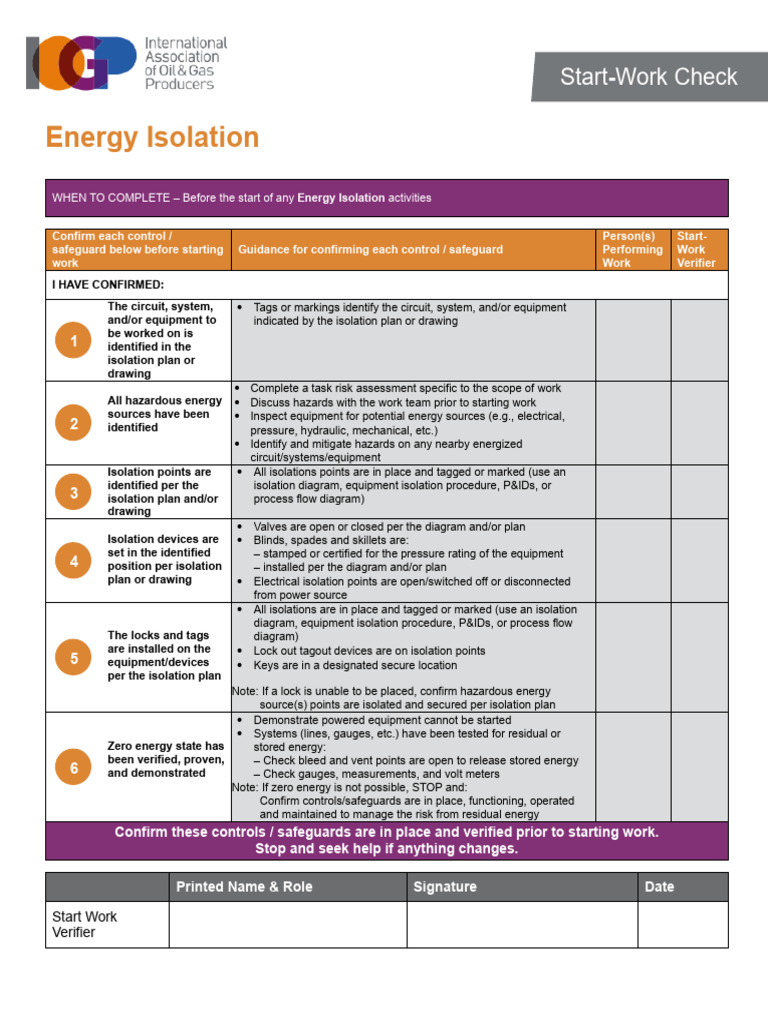 Energy Isolation Start-Work Checklist | PDF | Safety