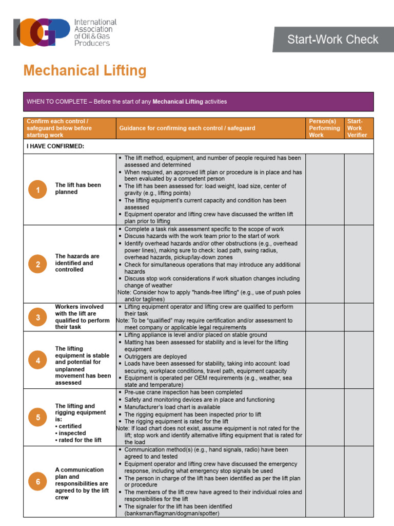 Mechanical Lifting Start-Work Checklist | PDF | Occupational Safety And ...
