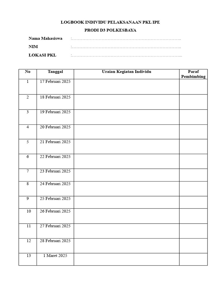 Logbook PKL D3 Polkesbaya 2025 | PDF
