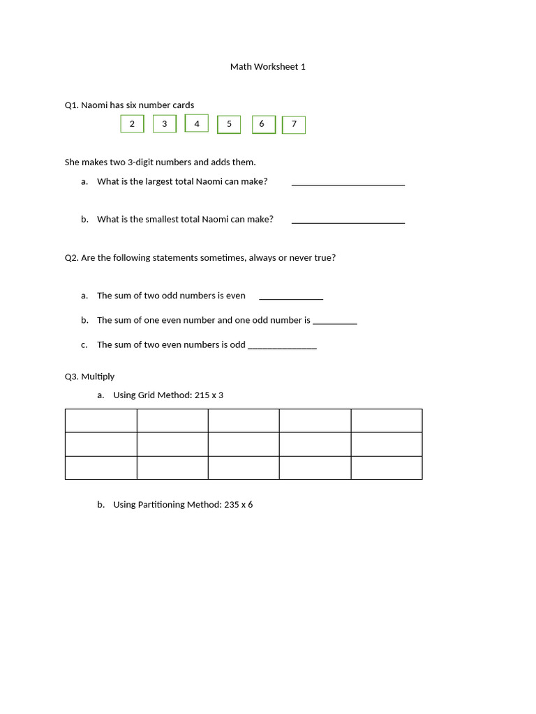 Math Worksheet 1 | PDF