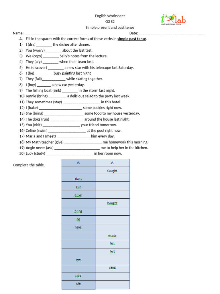 English Weekly Exercise G4 S1 WS 1 Present and Past | PDF