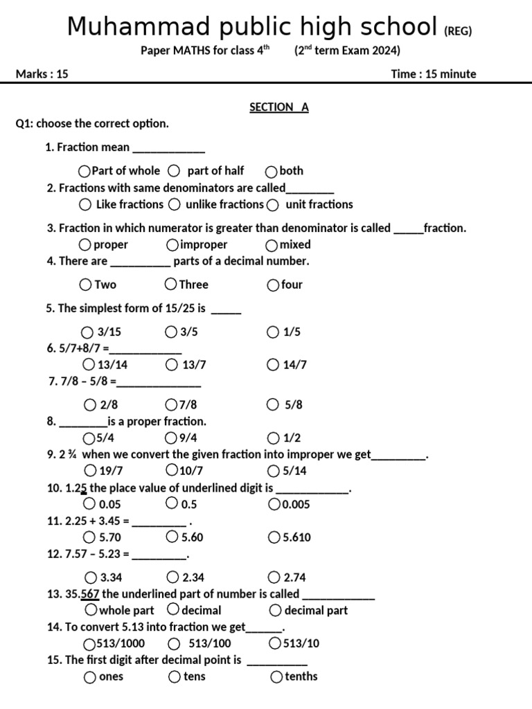 4th Maths Paper 1st Part | PDF