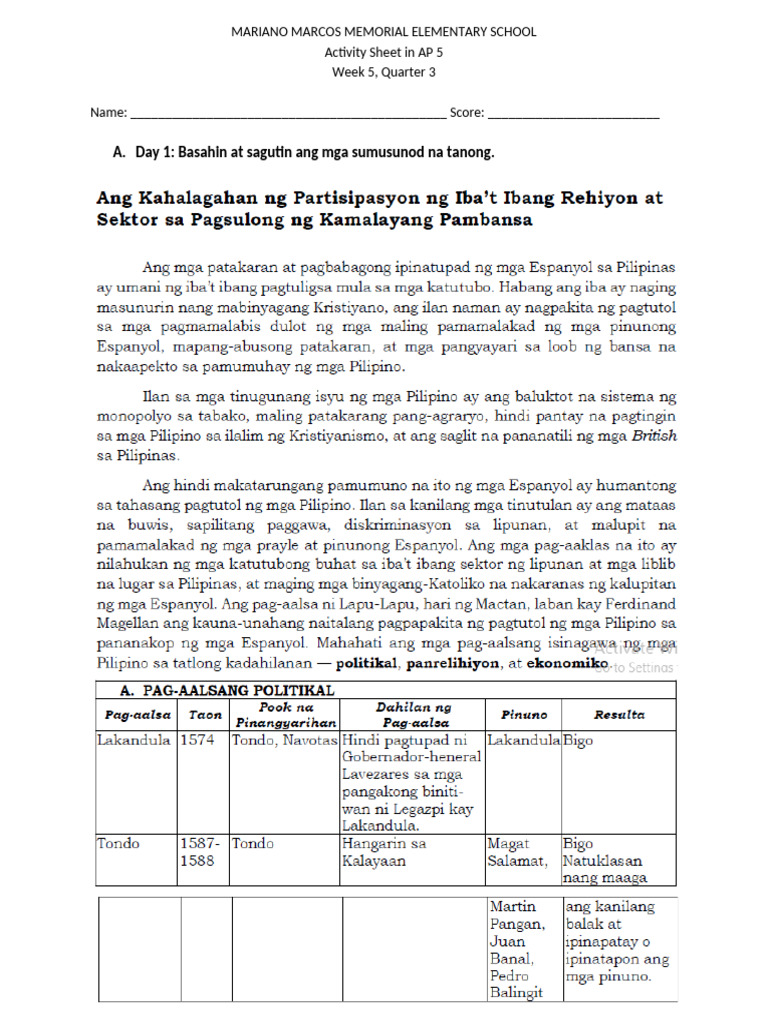 Activity Sheets in AP 5 Week 5 | PDF