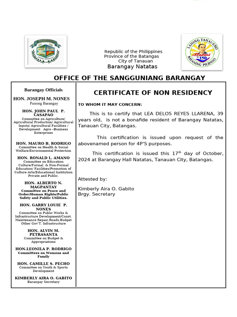 Barangay Natatas Non-Residency Certificate | PDF
