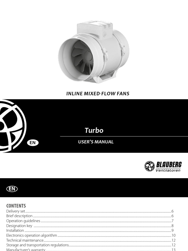 Turbo Inline Mixed-Flow Fan Manual | PDF | Power Supply | Thermostat