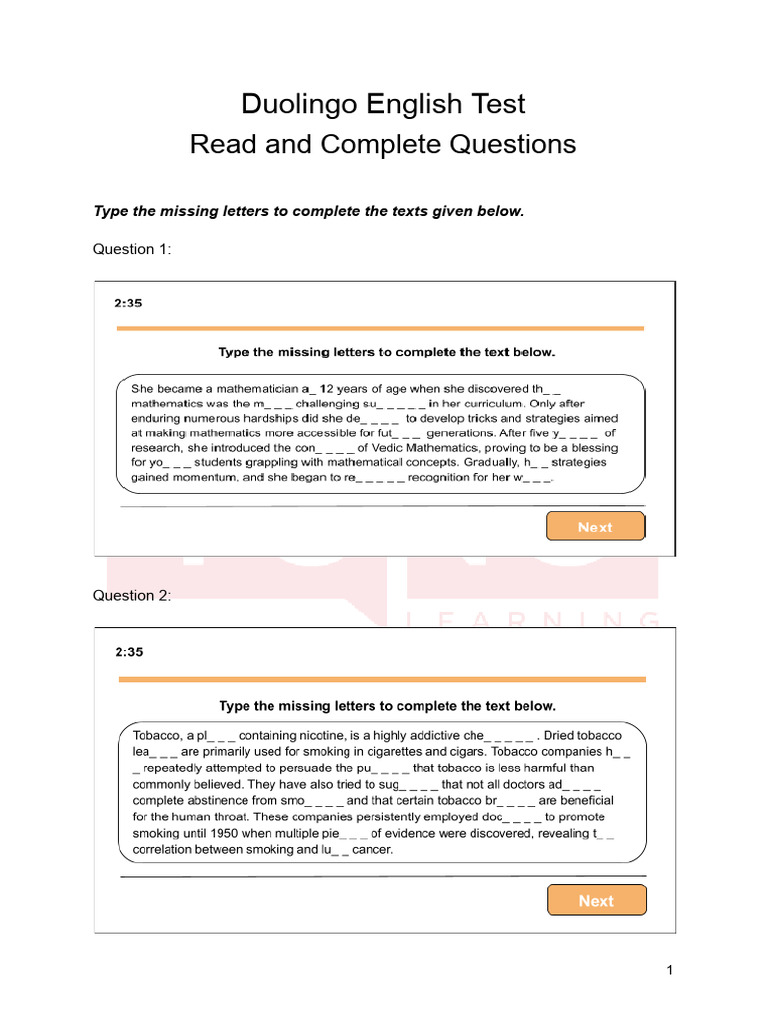 Duolingo English Test: Read & Complete | PDF