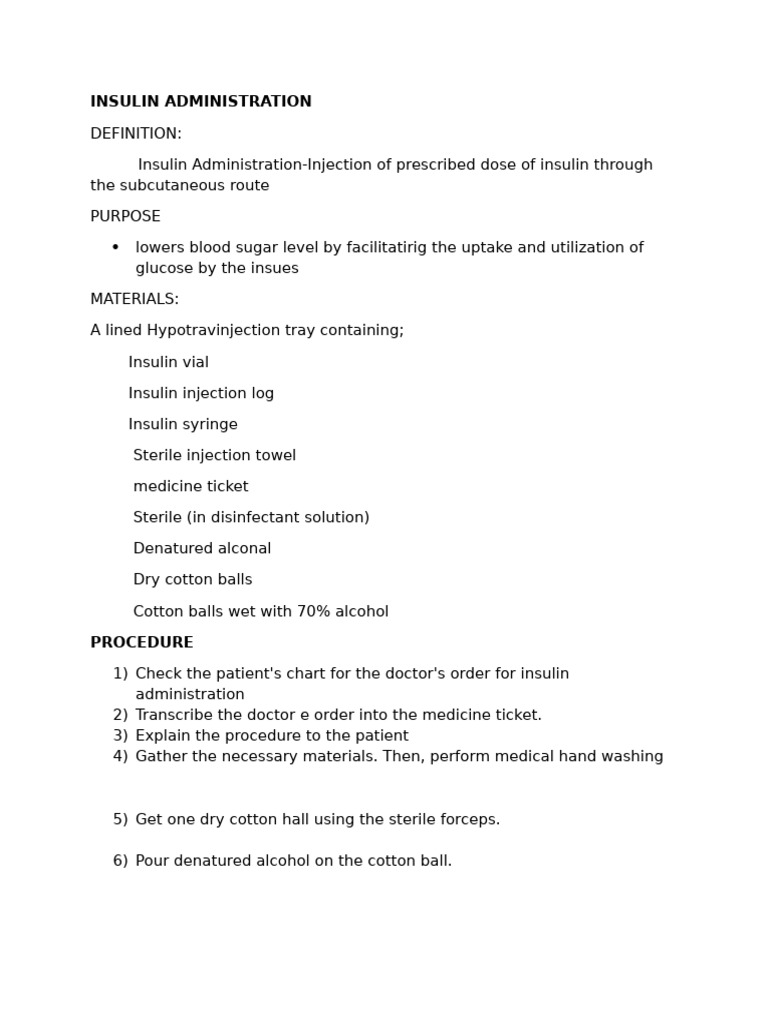 Insulin Administration Procedure Guide | PDF | Injection (Medicine ...