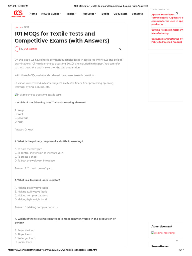 Textile MCQs for Exam Preparation | PDF | Loom | Textiles
