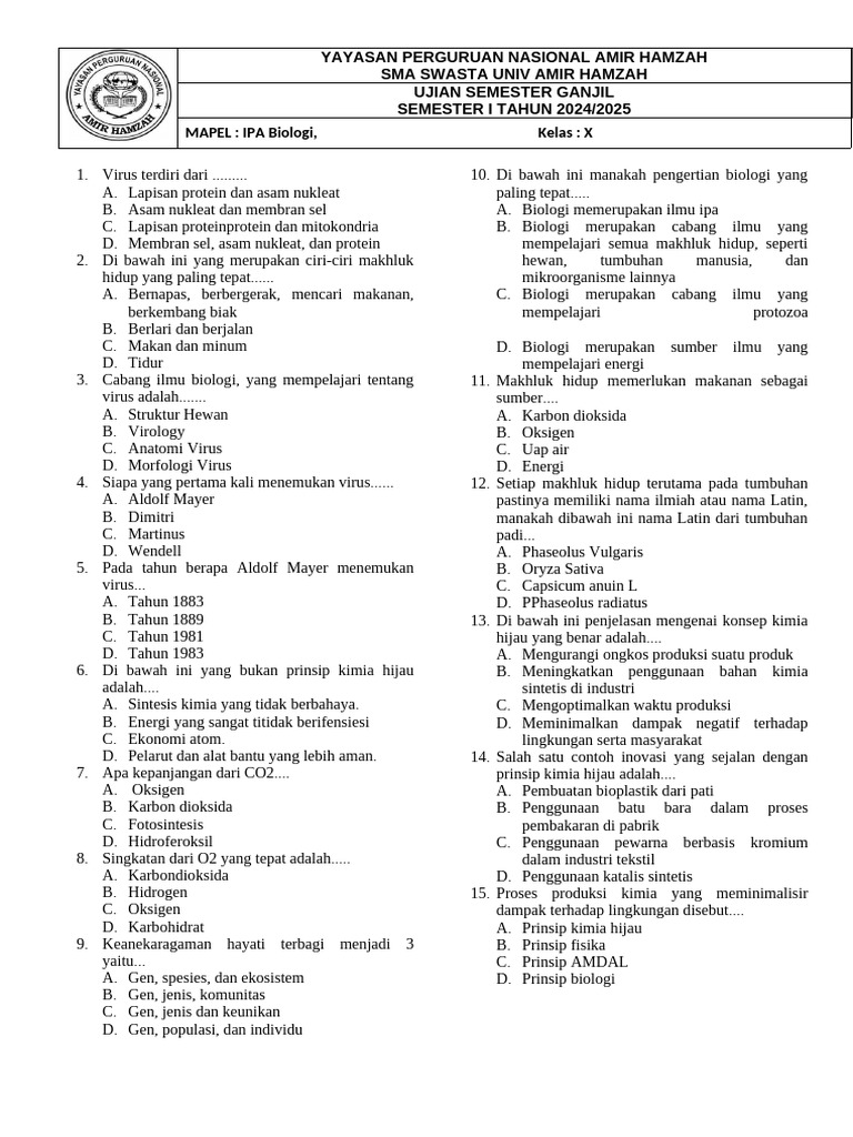Soal Ujian Biologi Kelas X SMA | PDF
