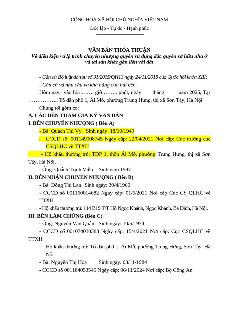 Văn Bản Thoả Thuận Quách Thị Vy 21 | PDF