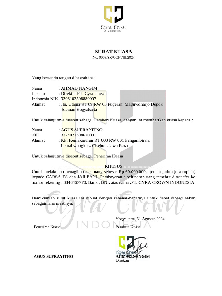Surat Kuasa Penagihan-Rek - Bni | PDF