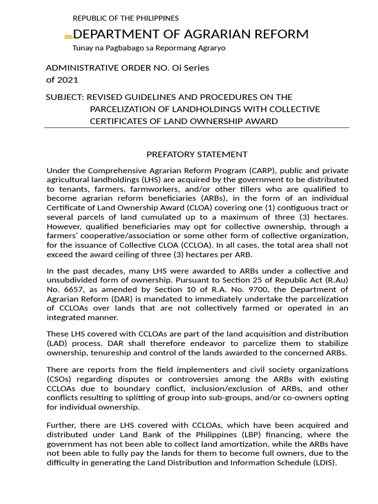 AO No. 01 Revised Guidelines-And-Procedures On The Parcelization of ...