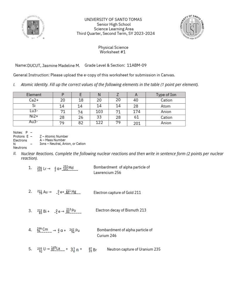 Worksheet 1. Nuclear Reactions and Atomic Identity PDF | PDF | Ion ...