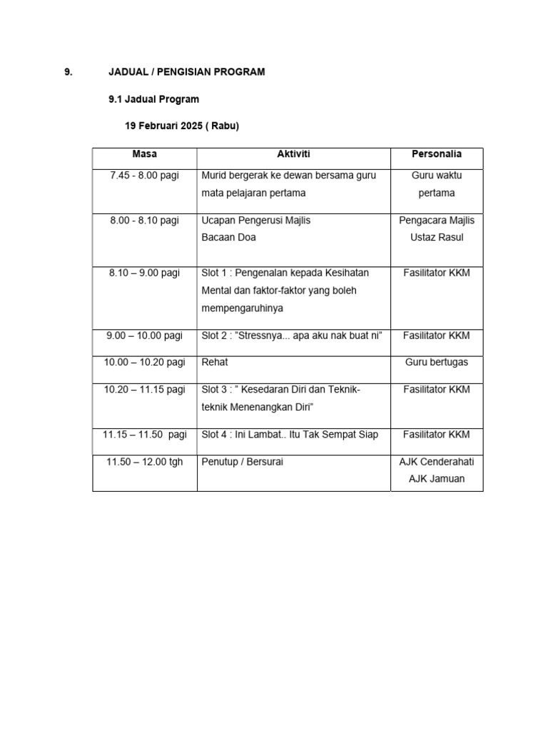 Tentatif Program Kesihatan Mental | PDF