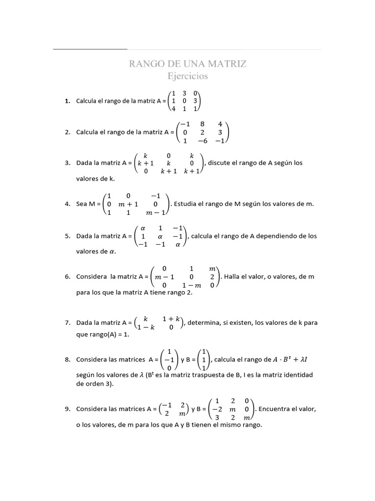 EJERCICIOS 05 - Rango-De-Una-Matriz | PDF | Matriz (Matemáticas) | Determinante