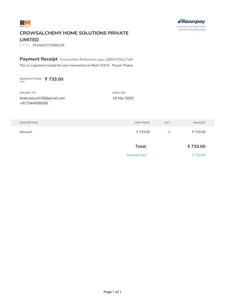 Receipt Pay - Q88idT0tuLTx6J From RentMacha (Paid) | PDF