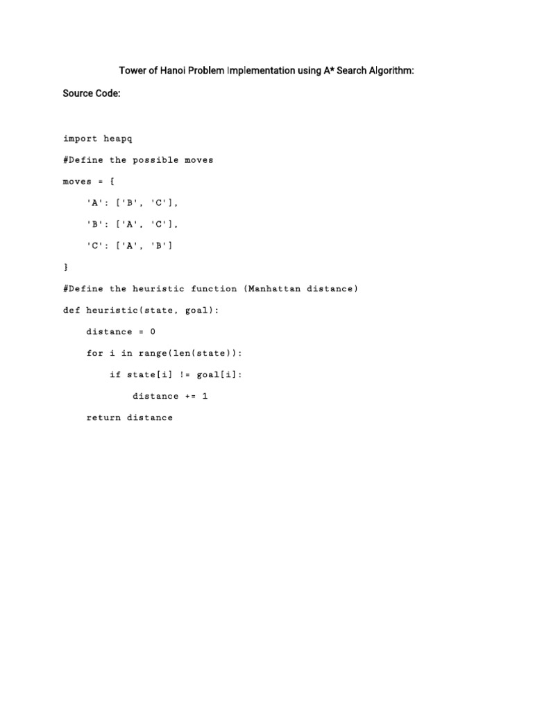 A* Algorithm for Tower of Hanoi in Python | PDF