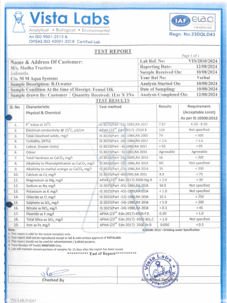 Drinking Water Test Report - Aug 2024 | PDF