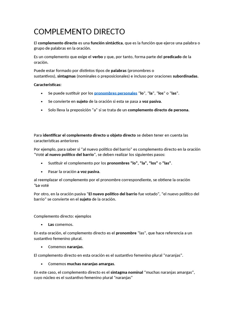 COMPLEMENTO DIRECTO | PDF | Objeto (gramática) | Oración (Lingüística)