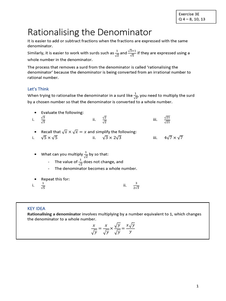 Rationalising the Denominator Worksheet | PDF | Numbers | Algebra