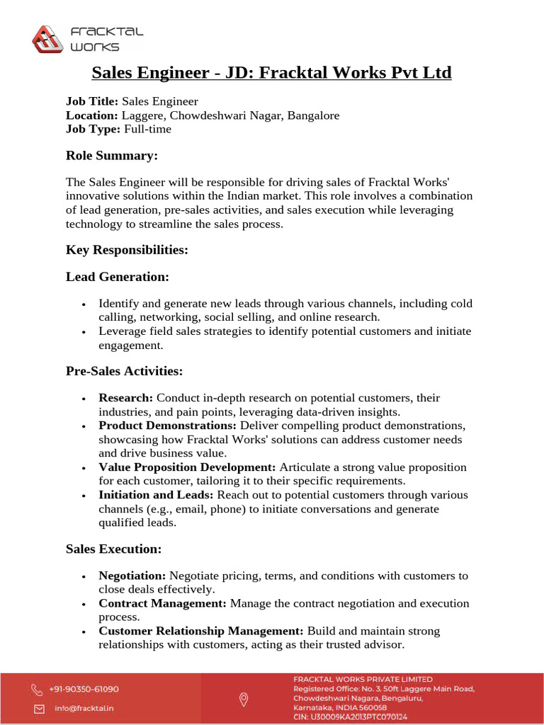 Fracktal Works Sales Engineer | PDF | Sales | Customer Relationship ...