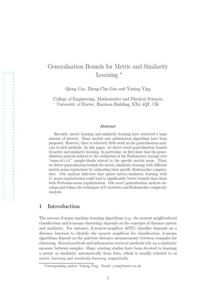 (Cao'12) Generalization Bounds Metric Learning | PDF | Mathematical Analysis | Mathematics