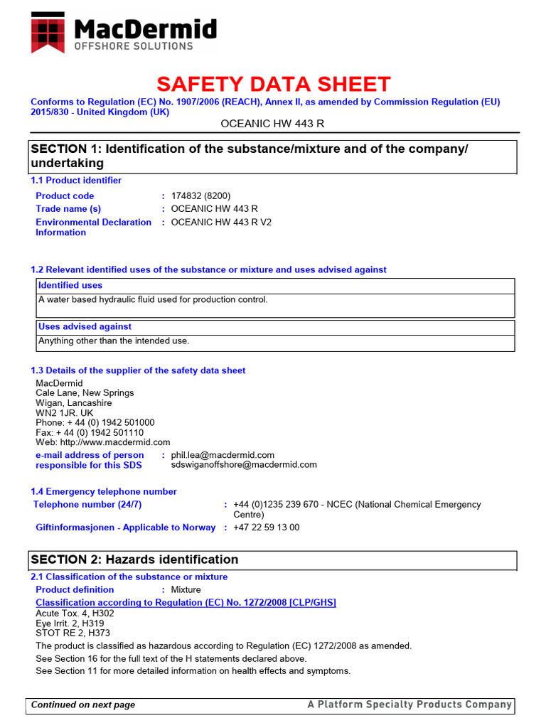 Oceanic HW 443 R Safety Data Sheet | PDF | Safety | Occupational Safety ...