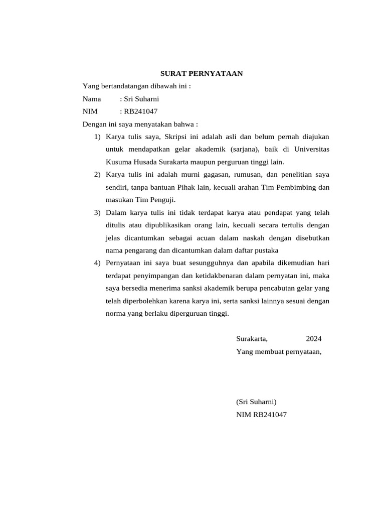 SURAT PERNYATAAN SRI SUHARNI | PDF