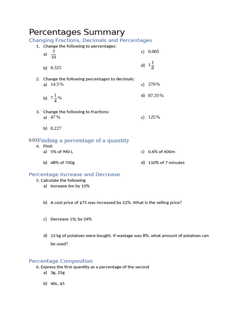 Class 8 Percentage Practice Questions | PDF