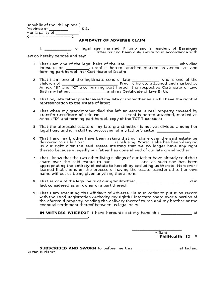 Affidavit of Adverse Claim | PDF | Affidavit | Common Law