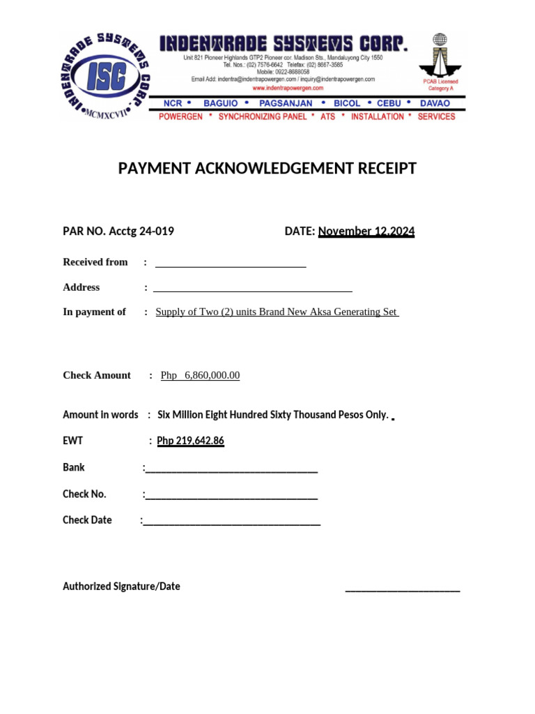 Payment Acknowledgement Receipt New | PDF